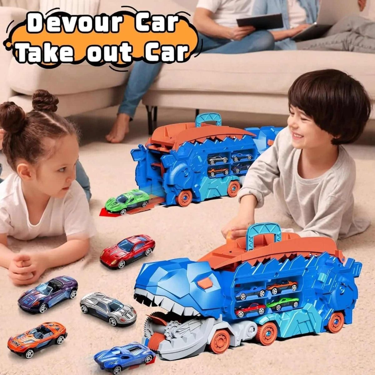 Dinosaur Truck Blue with Sliding Car Launcher – VERRANOO